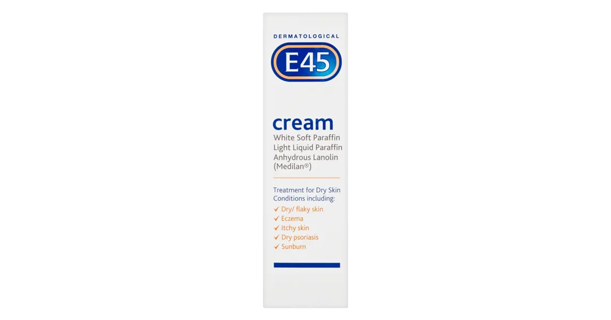 E45 Cream 50g for dry itchy flaky skin and sunburn.