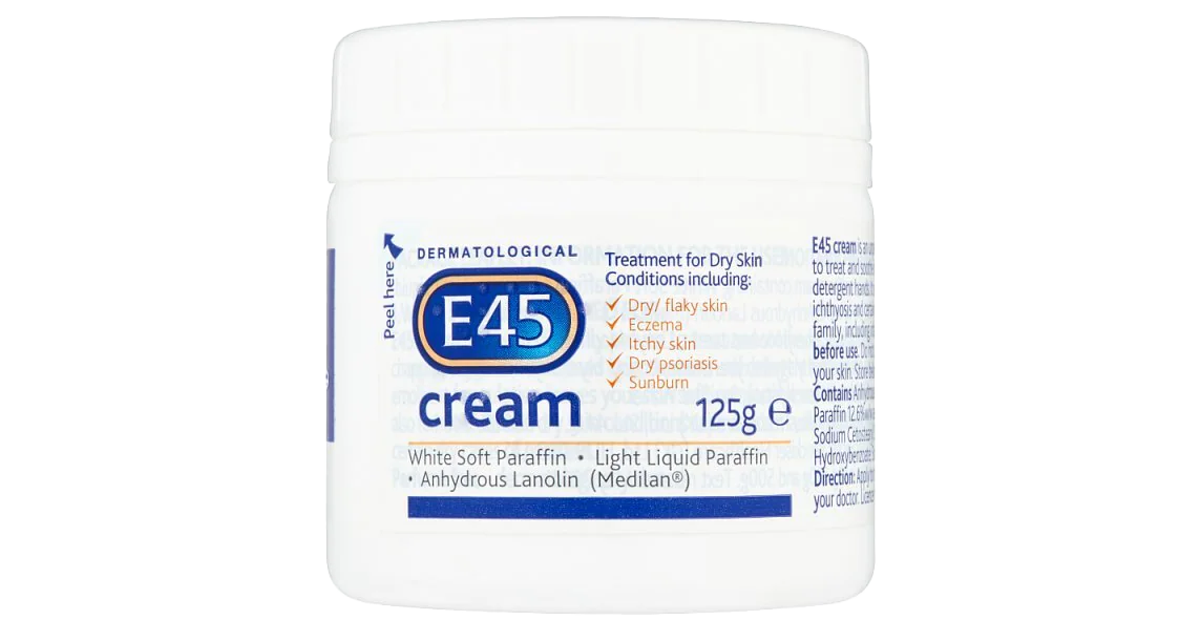 E45 Cream 125g for dry itchy flaky skin and sunburn.