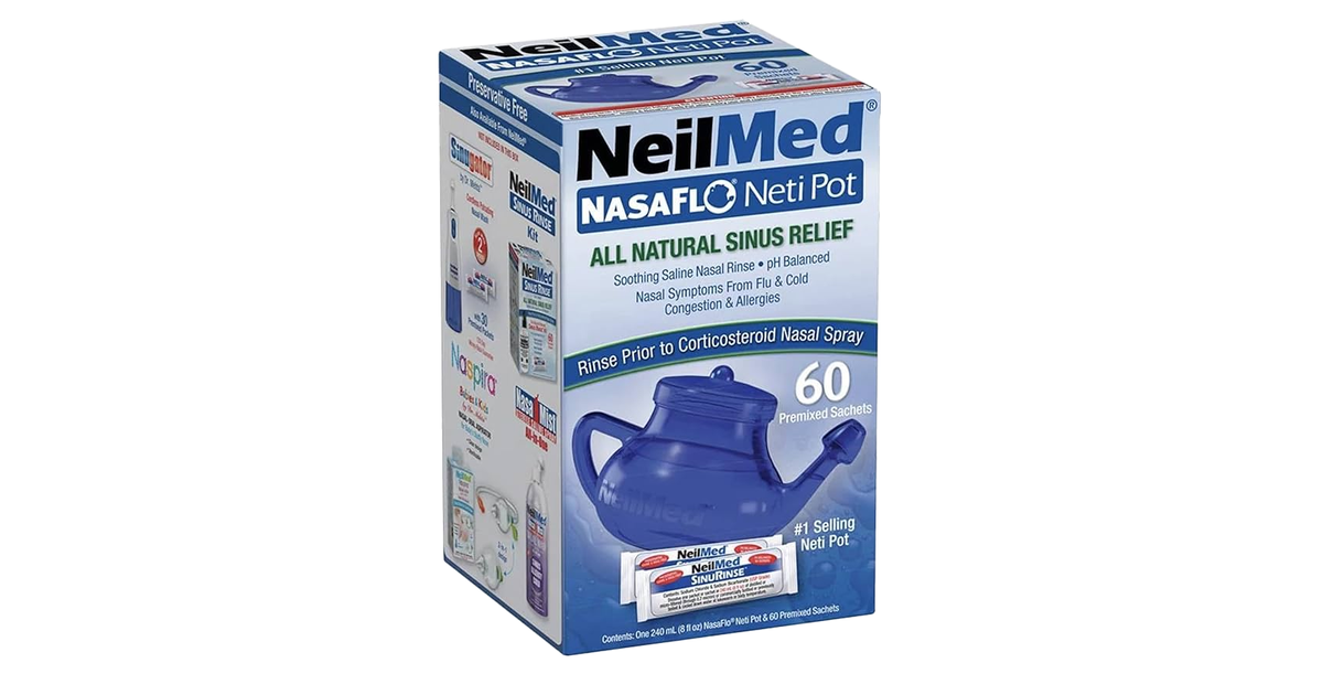 NeilMed NasaFlo Neti Pot & 60 Premixed Sachets – Daily Sinus Relief ...