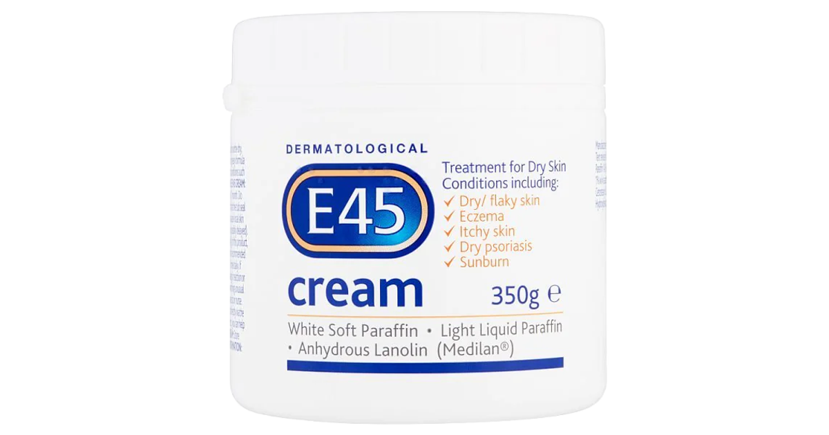 E45 Cream 350g for dry itchy flaky skin and sunburn.