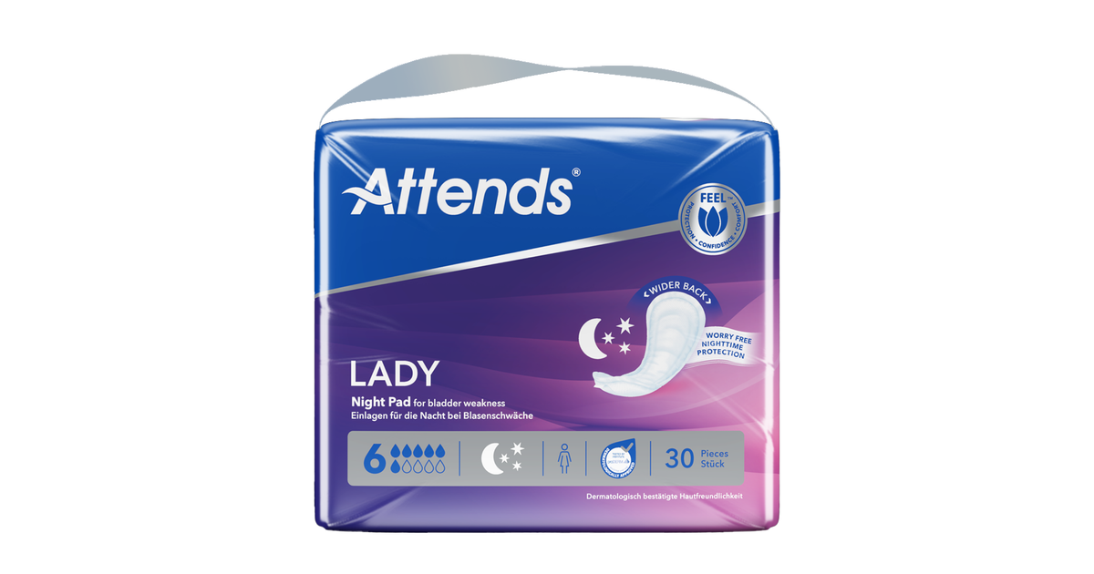 Attends Lady Night Pad 6 (30 Pack) - Secure Overnight Protection