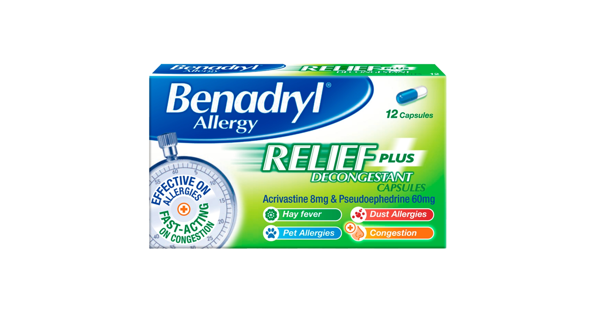 Benadryl Allergy Relief Plus Decongestant Capsules - Pack of 12